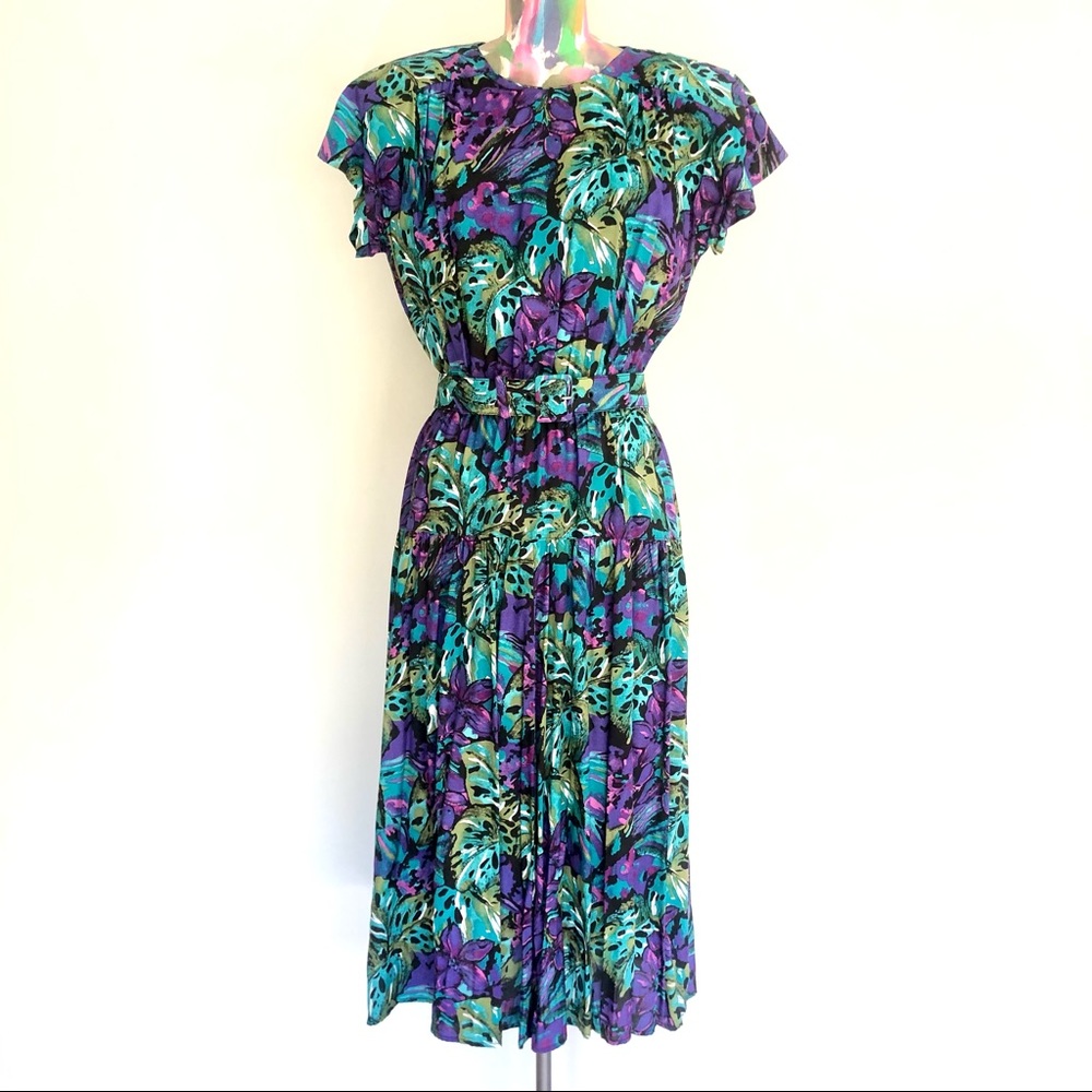 Vintage 80s Tropical Floral Animal Print Pleated Midi… - Gem